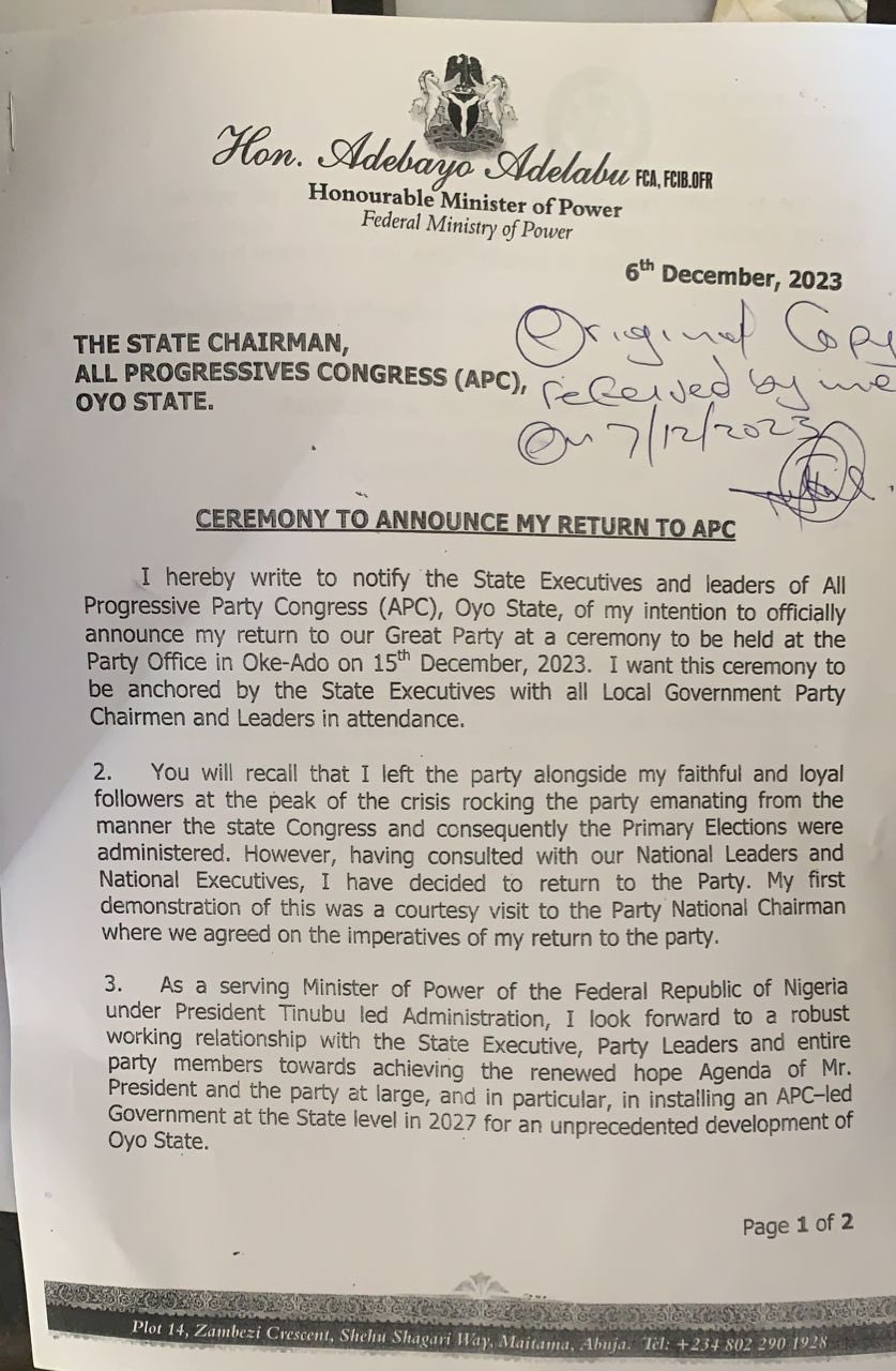 Power Minister, Adelabu returns to APC | Newspeakonline